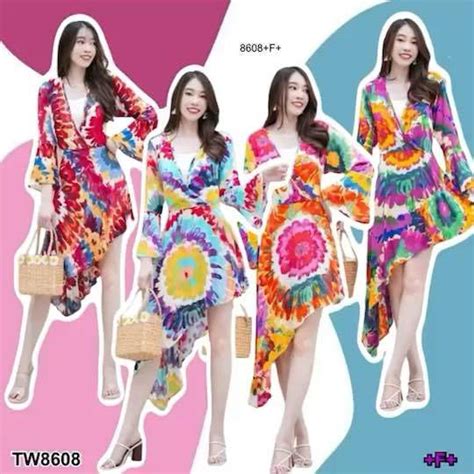 เดรสปลายเฉียง ชุดฮาวาย มัดย้อม สีสันสดใส ใส่เป็นเสื้อหรือเดรสก็ได้จ้า ธีมฮาวาย 8608 Th