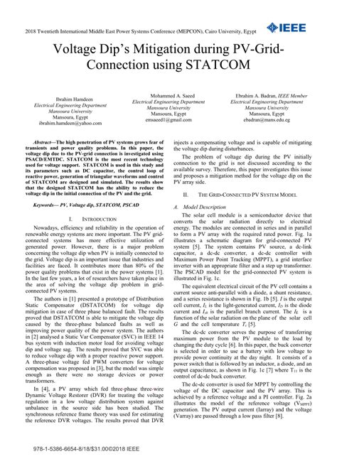 Pdf Voltage Dips Mitigation During Pv Grid Connection Using Statcom