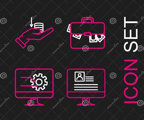 Set Line Computer Monitor With Resume Graph Chart Briefcase And Money And Money Hand Icon