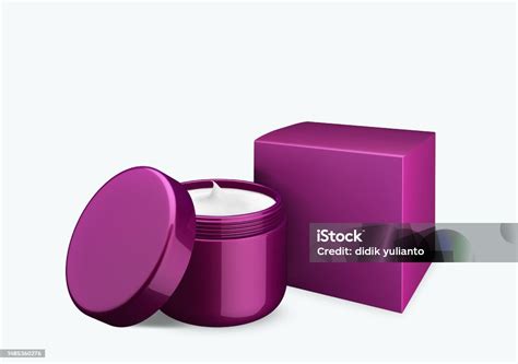 빈 깊은 라일락 진주층 화장품 항아리는 흰색 배경에 정면 시야각에 얼룩 크림이 있는 조롱 3d 그림 공란에 대한 스톡 사진 및 기타 이미지 Istock