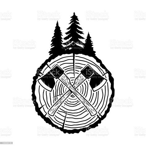 나무 컷과 교차 목재 잭 도끼 엠블럼 사인 포스터 티셔츠디자인 요소 벡터 일러스트레이션 그루터기 식물 부위에 대한 스톡 벡터