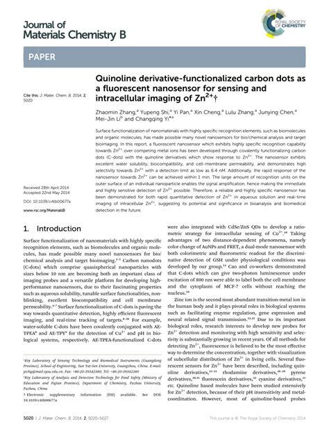 Pdf Quinoline Derivative Functionalized Carbon Dots As A Fluorescent Nanosensor For Sensing