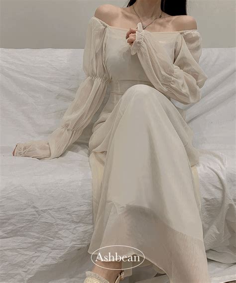 러블리오프숄더 하트넥 파스텔톤 봄기운 가득 퍼프 시스루 쉬폰 리본 롱 원피스 311 에이블리