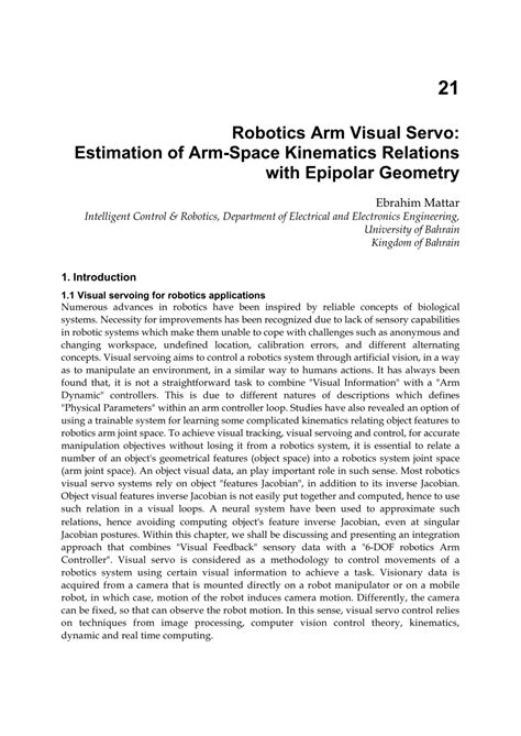Pdf Robotics Arm Visual Servo Estimation Of Arm Space Kinematics