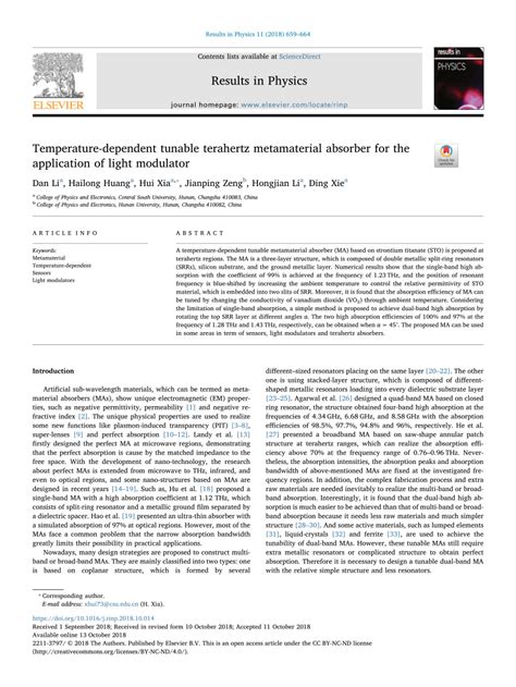Pdf Temperature Dependent Tunable Terahertz Metamaterial Absorber For