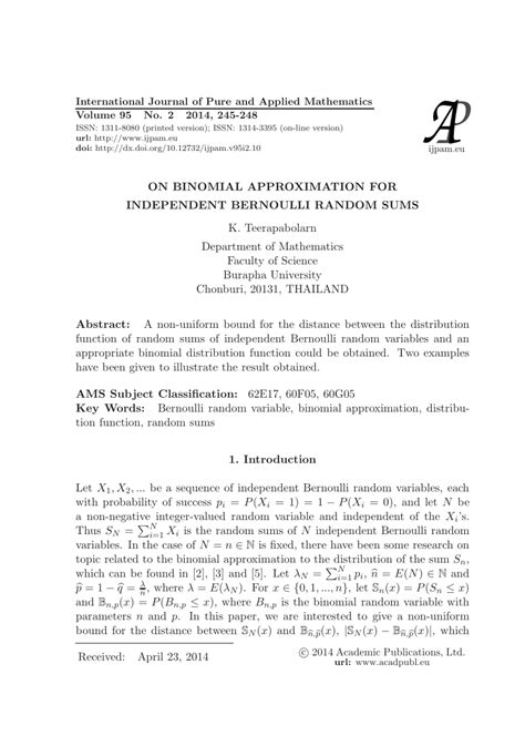 Pdf On Binomial Approximation For Independent Bernoulli Random Sums