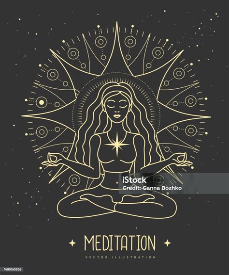 젊은 여자는 새벽에 연꽃 자세로 명상을 한다 태양 점성술 기호입니다 벡터 그림 만다라에 대한 스톡 벡터 아트 및 기타 이미지 만다라 여자 한 명의 여자만 Istock