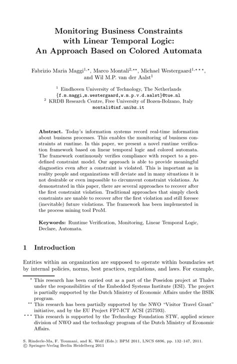 Pdf Monitoring Business Constraints With Linear Temporal Logic An