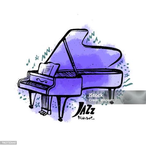 손으로 그린 피아노 재즈 음악 개념입니다 흰색 배경에 보라색 수채화 얼룩이있는 잉크 스타일 벡터 그림입니다 그랜드 피아노에 대한 스톡 벡터 아트 및 기타 이미지 Istock