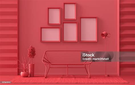단일 색상 흑백 어두운 빨간색 가구와 식물과 적갈색 색상 인테리어 룸 벽에 5 포스터 프레임 3d 렌더링 액자에 대한 스톡 사진