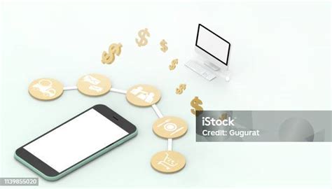 스마트 폰 온라인 쇼핑 디지털 마케팅 개념 모바일 응용 프로그램 및 돈은 파스텔 블루 배경3d 렌더링에 컴퓨터를 온라인으로 연결