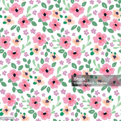 귀여운 분홍색 꽃 잎 흰색 배경에 나뭇 가지와 매끄러운 패턴 작은 꽃과 자유 꽃 초원 로맨틱 플로럴 프린트 식물 배경 벡터 그림입니다 꽃 식물에 대한 스톡 벡터 아트 및