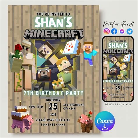 Minecraft Birthday Party Invitation Minecraft Party Theme Minecraft