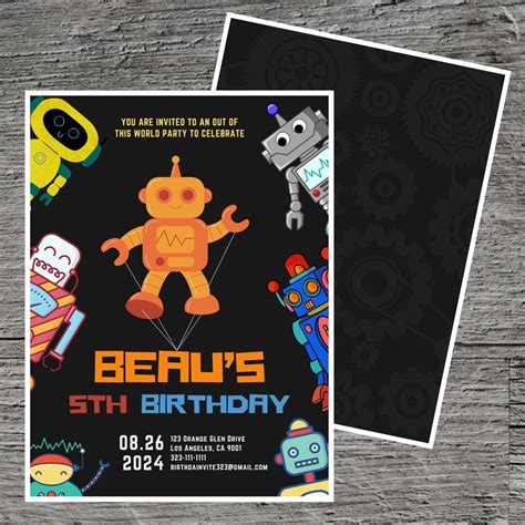 Robots Theme Birthday Party Invitation Template Cyborg Android Machine Bot Golem Mech