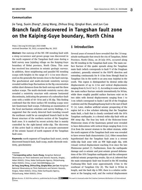 Pdf Branch Fault Discovered In Tangshan Fault Zone On The Kaiping