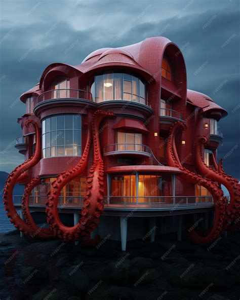 Premium Photo There Is A Red Building With A Giant Octopus Like