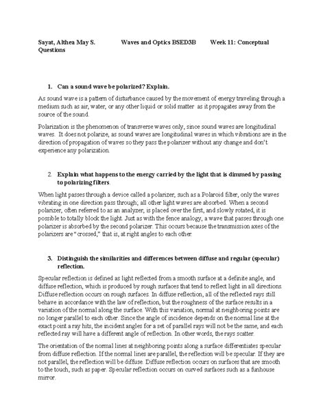 Conceptual Questions Sayat Althea May S Waves And Optics Bsed3b
