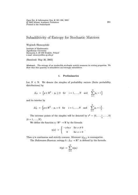 Pdf Subadditivity Of Entropy For Stochastic Matrices