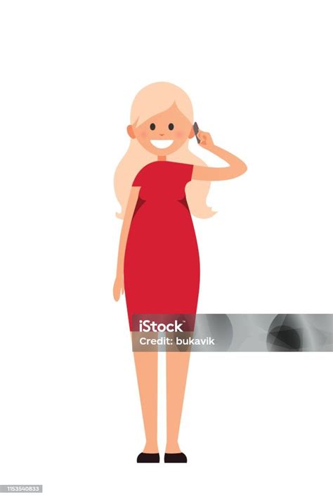 전면 보기 애니메이션 캐릭터 디자이너 캐릭터 만화 스타일 빨간 드레스에 긴 금발 머리와 함께 웃는 소녀의 평면 벡터 일러스트 레이 션 손을 잡고 여자 서 전화로 얘기 하는