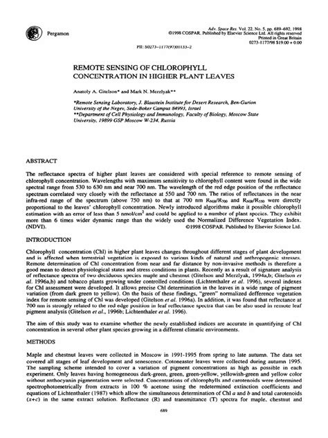 Remote Sensing Of Chlorophyll Concentration In Higher Plant Leaves Pdf