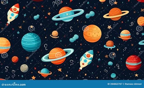Seamless Space Objects Featuring Planets Rockets And Stars Stock Illustration Illustration