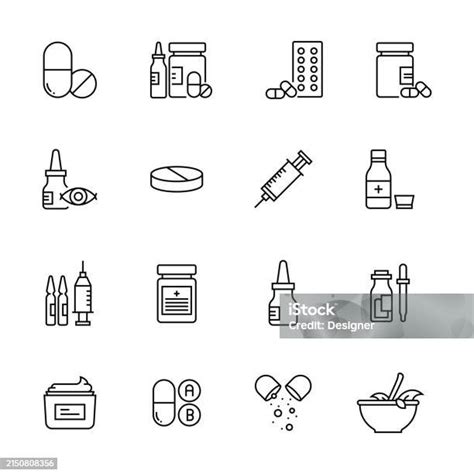 간단한 약과 알약 라인 아이콘 세트입니다 항생제 진통제 복용량 비타민 처방전 질병 과학에 대한 스톡 벡터 아트 및 기타 이미지 Istock
