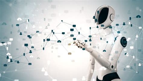 Futuristic Humanoid Robot Interacting With A Digital Social Network 3d Rendering Stock
