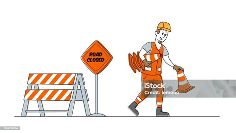 도로 공사 및 아스팔트 포장 개념 오렌지 전체 에 노동자 남자 문자 넣어 교통 콘 및 경고 도로 폐쇄 표지판 건설 산업 고속도로