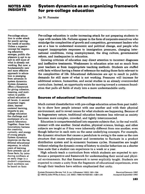 Forrester 1993 System Dynamics As An Organizing Framework For Pre College Education Pdf