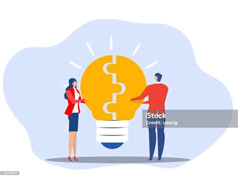 사업가 그리고 파트너는 전구 직소 퍼즐을 함께 연결합니다 문제 해결을위한 합의 솔루션 아이디어 개념을 브레인 스토밍하거나 연결합니다 이해는 성공으로 이어진다 평면 벡터 그림