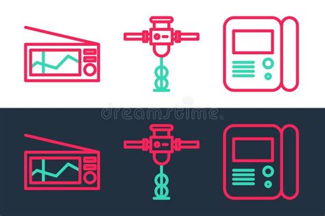 Set Line House Intercom System Radio And Construction Jackhammer Icon Vector Stock Vector