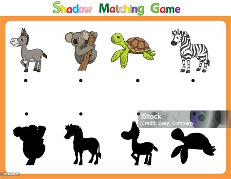 다른 모양의 그림자를 학습하기위한 벡터 그림입니다 어린이를위한 마녀 4 만화 이미지 당나귀 코알라 거북이 얼룩말 머리에 대한