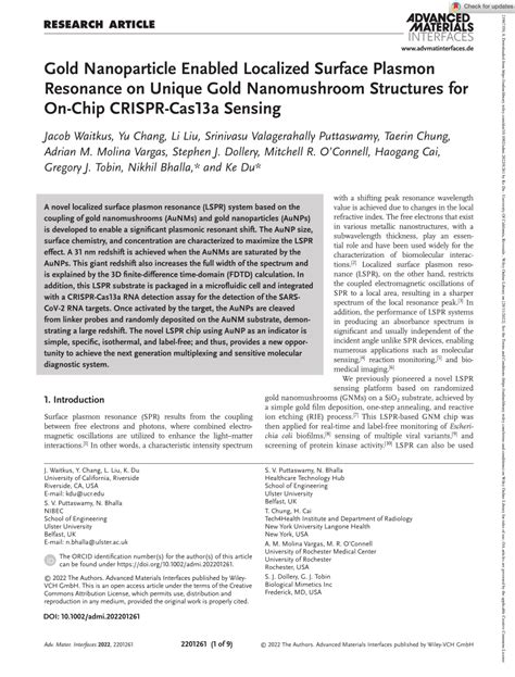 Pdf Gold Nanoparticle Enabled Localized Surface Plasmon Resonance On Unique Gold Nanomushroom