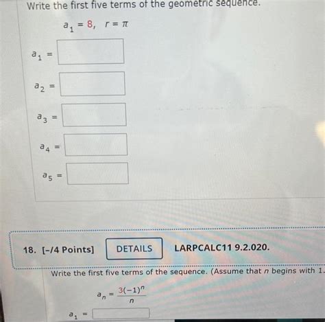 Solved Write the first five terms of the geometric sequence. | Chegg.com