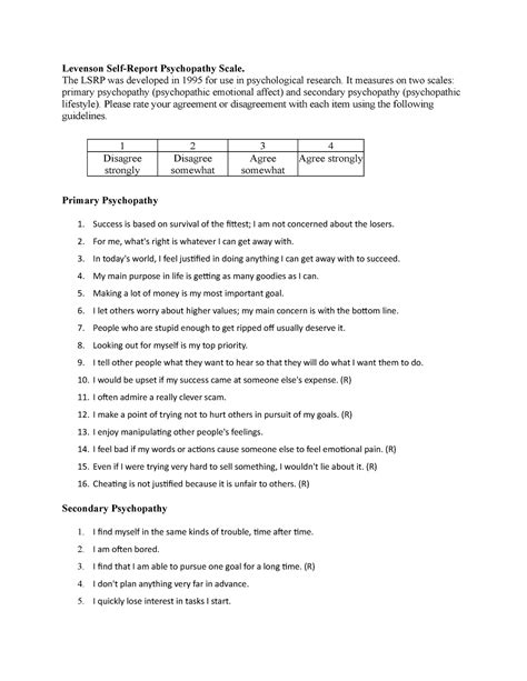 Levenson Self Report Psychopathy Scale The Lsrp Was Developed In 1995 For Use In Psychological