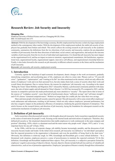 Pdf Research Review Job Security And Insecurity