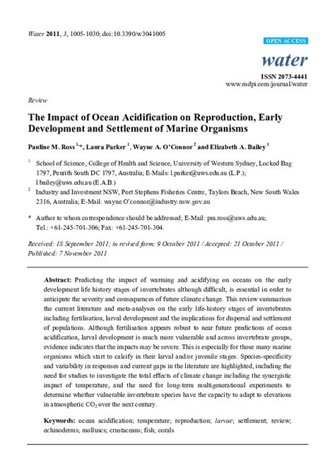 Pdf The Impact Of Ocean Acidification On Reproduction Early Development And Settlement Of