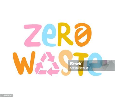 흰색 배경에 고립 된 다채로운 재활용 표지판이있는 제로 폐기물 필기 기호 만화 스타일의 제로 매립 컨셉 일러스트레이션 0에 대한