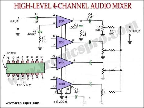 High Level 4 Channel Audio Mixer Circuit Diagram TRONICSpro