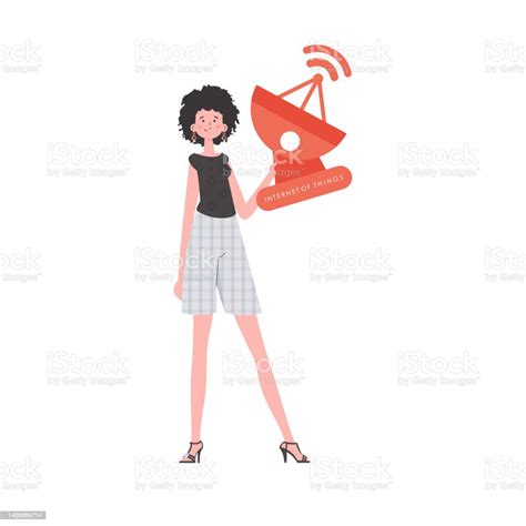 Iot 및 자동화 개념 한 여성이 위성 접시를 손에 쥐고 있습니다 격리 트렌디 한 평면 스타일의 벡터 일러스트레이션 공란에 대한 스톡 벡터 아트 및 기타 이미지 Istock