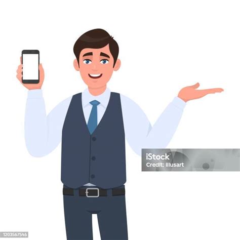 빈 모바일 휴대 전화 및 복사 공간을 가리키는 조끼 정장에 트렌디 한 젊은 사업가 스마트폰 화면을 들고 손짓을 하는 사람 벡터 만화의 현대 라이프 스타일 가리키기에 대한
