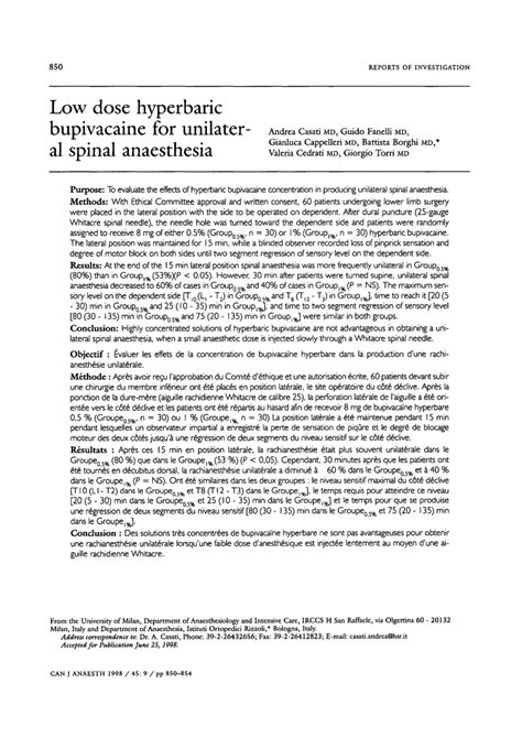 Pdf Low Dose Hyperbaric Bupivacaine For Unilateral Spinal Anaesthesia
