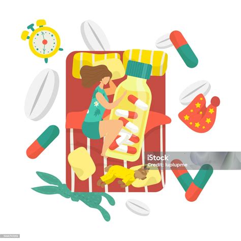 불면증 건강 스트레스 젊은 여자 수 면 거 대 한 알 약 개념 벡터 일러스트 밤에 만화 잠자는 사람 취침 시간에 피곤한 여자 개념에 대한 스톡 벡터 아트 및 기타 이미지