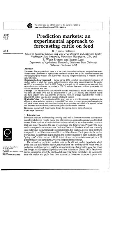 Pdf Prediction Markets An Experimental Approach To Forecasting Cattle On Feed