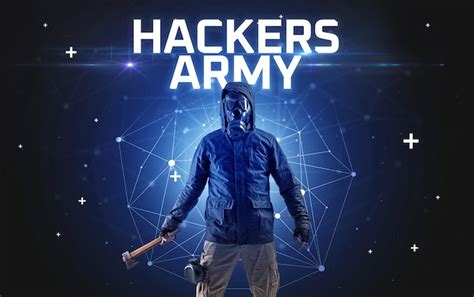 Premium Photo Mysterious Hacker With Hackers Army Inscription Online Attack Concept