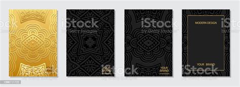 커버 디자인 세트 세로 템플릿 텍스트 장소 엠보싱 된 검은 색과 금색 배경 모음 민족 3d 패턴 수제 기술 0명에 대한 스톡