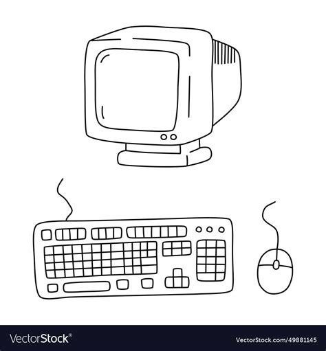 Monitor Keyboard And Computer Mouse Doodle Style Vector Image