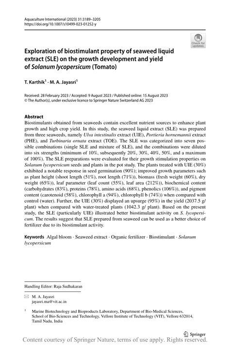 Exploration Of Biostimulant Property Of Seaweed Liquid Extract Sle On The Growth Development