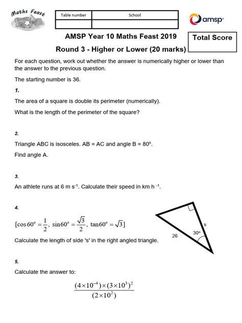 Year 10 Maths Feast Questions 2019 Pdf