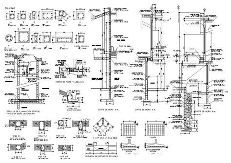 Walls Sectional Plan And Column Detail Elevation Layout File